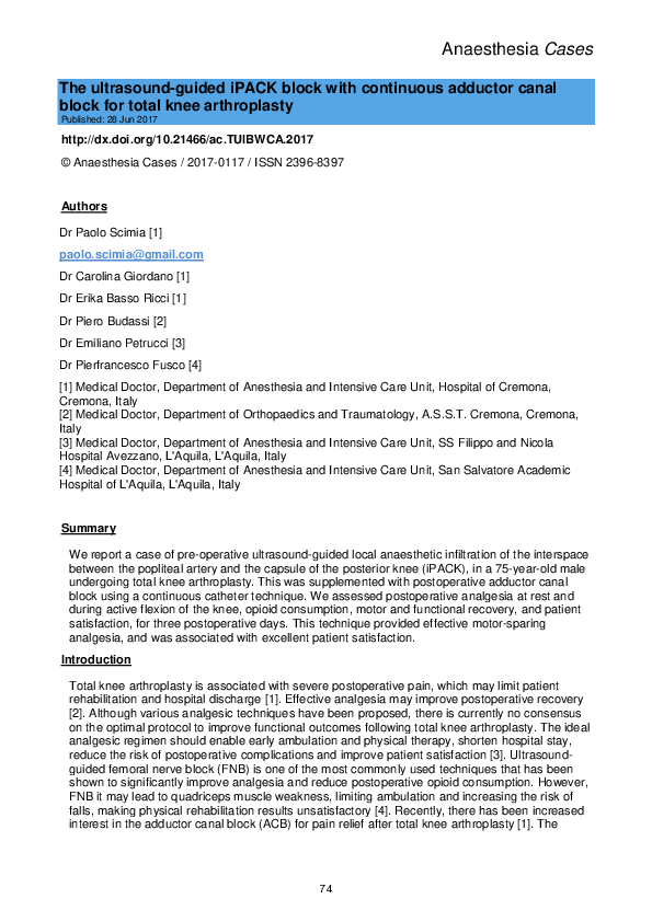 (PDF) The ultrasound‐guided iPACK block with continuous adductor canal ...