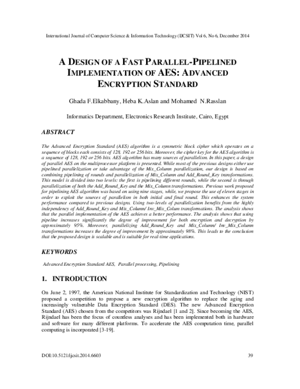 (PDF) A Design of a Fast Parallel-Pipelined Implementation of AES: Advanced Encryption Standard