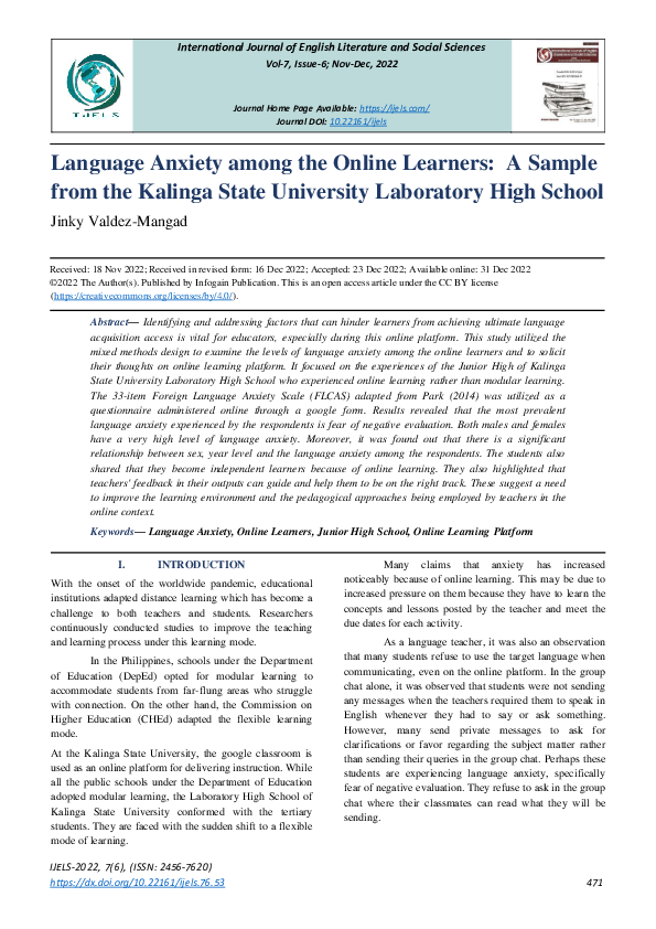 (PDF) Language Anxiety among the Online Learners: A Sample from the ...