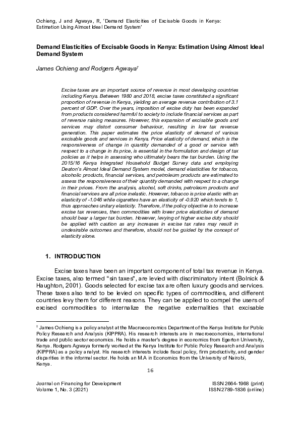 (PDF) Demand Elasticities of Excisable Goods in Kenya: Estimation Using Almost Ideal Demand System