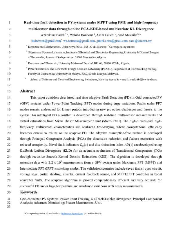 (PDF) Real-time fault detection in PV systems under MPPT using PMU and high-frequency multi ...
