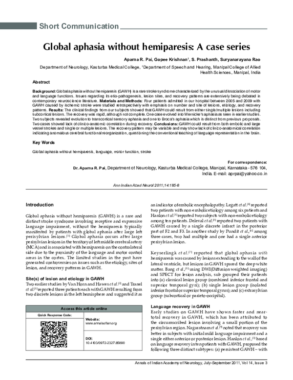 (PDF) Global aphasia without hemiparesis: A case series
