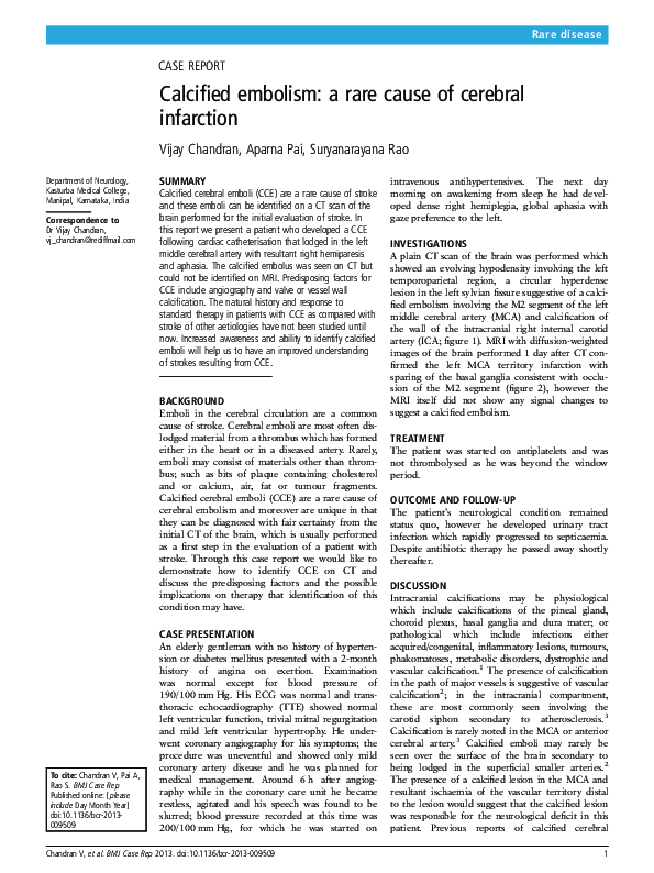 (PDF) Calcified embolism: a rare cause of cerebral infarction