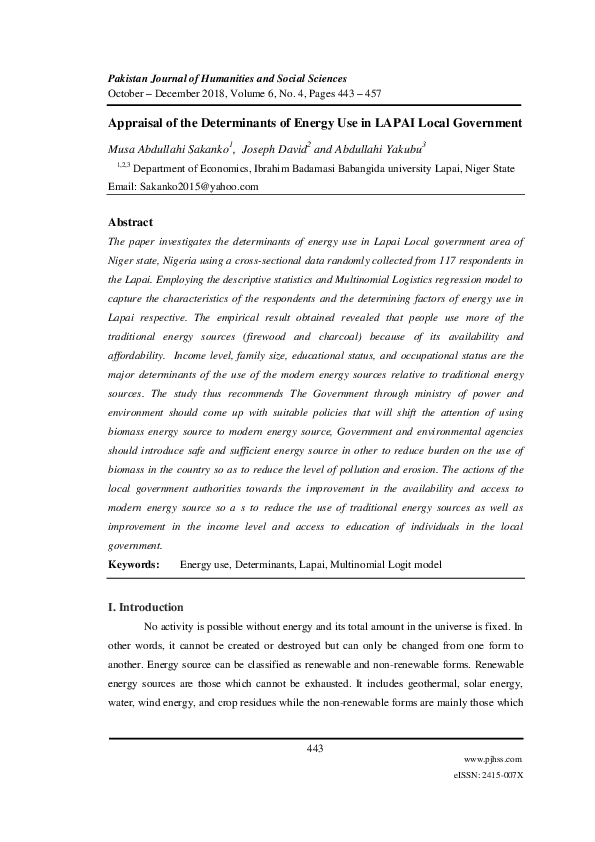 (PDF) Appraisal of the Determinants of Energy Use in LAPAI Local Government
