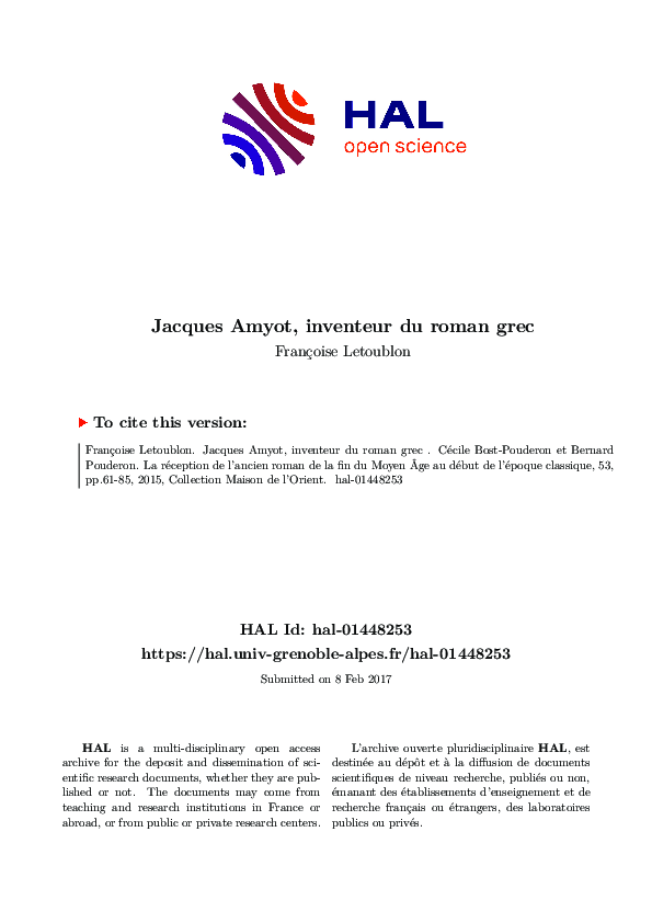 (PDF) Jacques Amyot, inventeur du roman grec | Françoise LETOUBLON ...