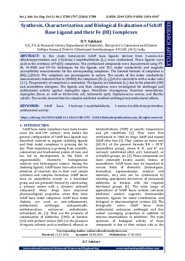 (PDF) Synthesis, Characterization and Biological Evaluation of Schiff Base Ligand and their Fe ...