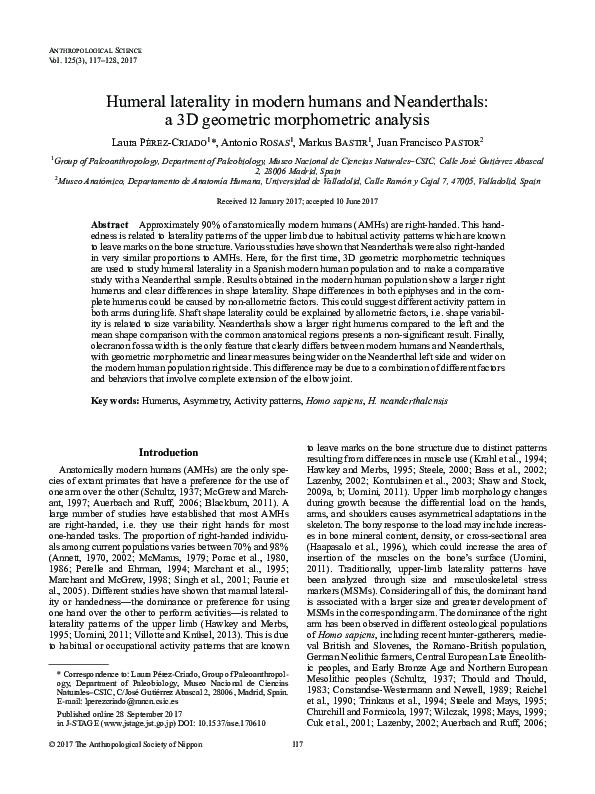 (PDF) Humeral laterality in modern humans and Neanderthals: a 3D ...