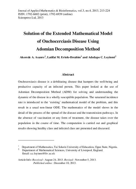 Pdf Solution Of The Extended Mathematical Model Of Onchocerciasis Disease Using Adomian