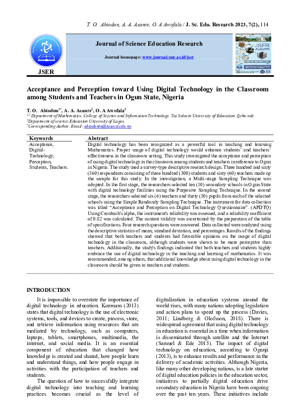 (PDF) Acceptance and Perception toward Using Digital Technology in the Classroom among Students ...