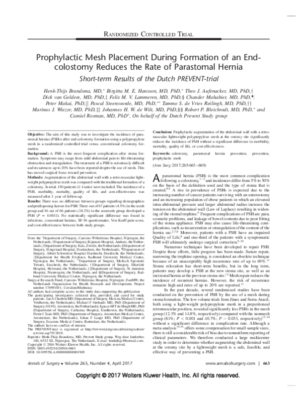 (PDF) Prophylactic Mesh Placement During Formation of an End-colostomy ...