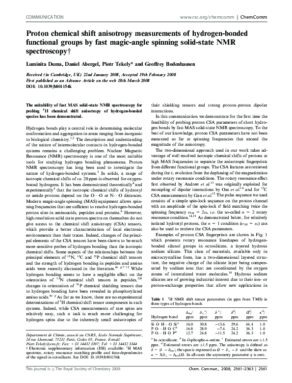 (PDF) Proton chemical shift anisotropy measurements of hydrogen-bonded ...