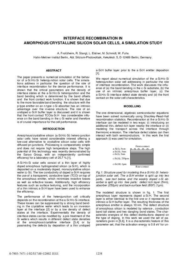 (PDF) Interface recombination in amorphous/crystalline silicon solar ...