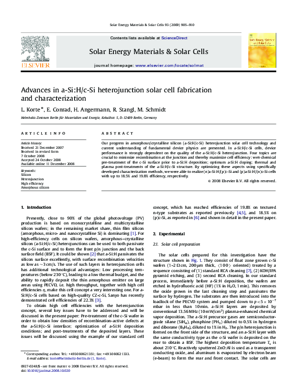 (PDF) Advances in a-Si:H/c-Si heterojunction solar cell fabrication and ...