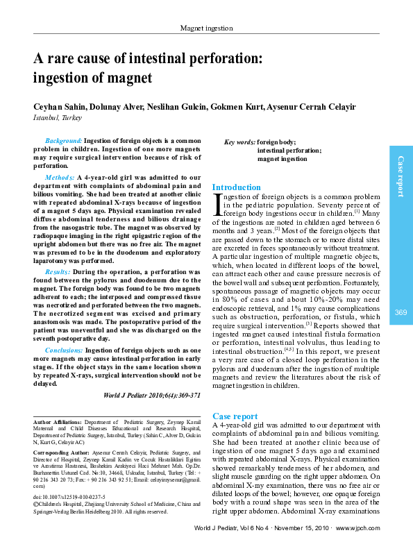 (PDF) A rare cause of intestinal perforation: ingestion of magnet ...