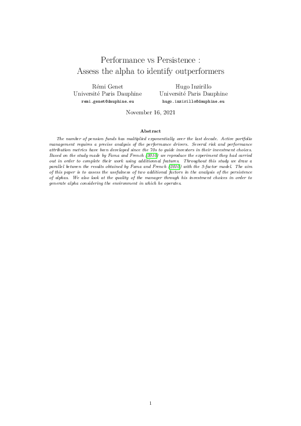 (PDF) Performance vs Persistence : Assess the alpha to identify ...