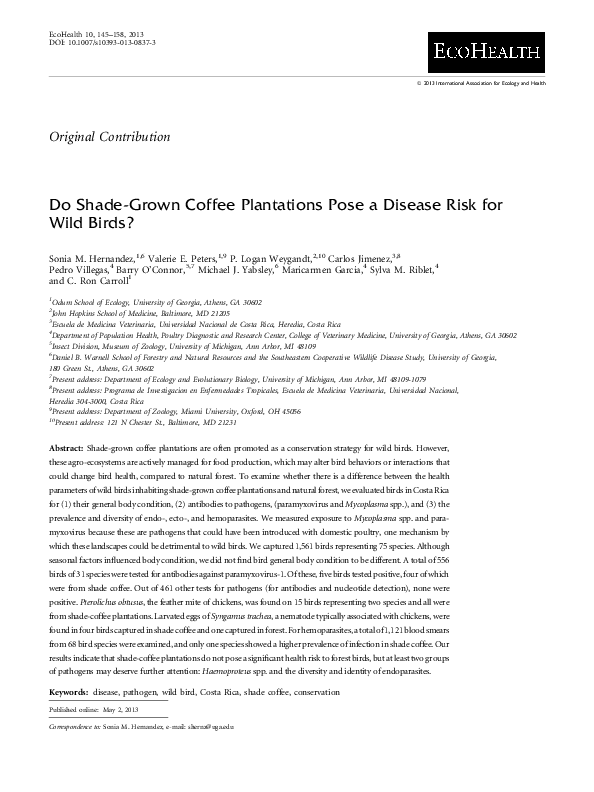 (PDF) Do Shade-Grown Coffee Plantations Pose a Disease Risk for Wild Birds?