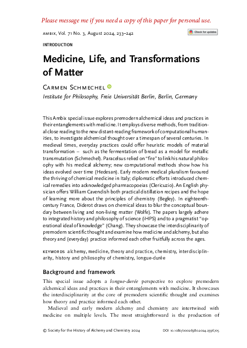 (PDF) Medicine, Life, and Transformations of Matter [Intro to Ambix ...