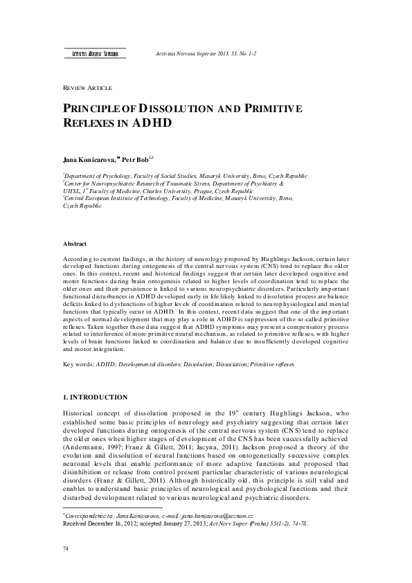 (PDF) Prin Ciple of D Issolution an D Primitive Reflexes I N Ad HD