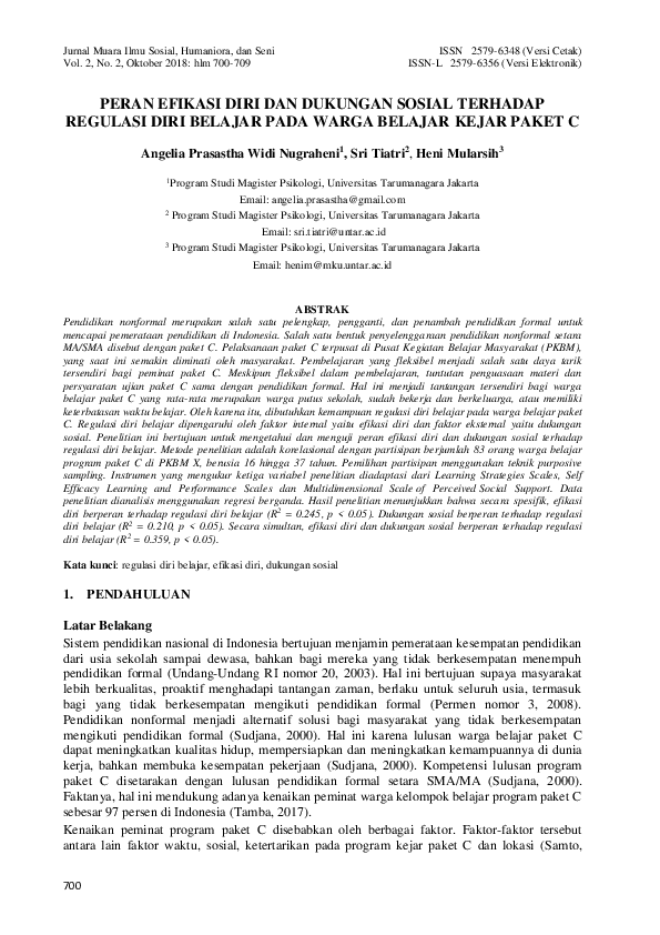 (PDF) Peran Efikasi Diri Dan Dukungan Sosial Terhadap Regulasi Diri Belajar Pada Warga Belajar ...