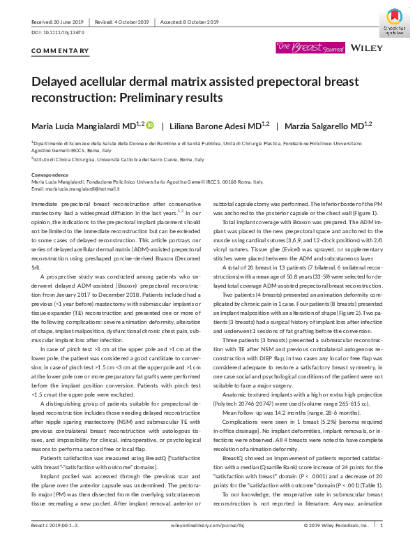 (PDF) Delayed acellular dermal matrix assisted prepectoral breast ...