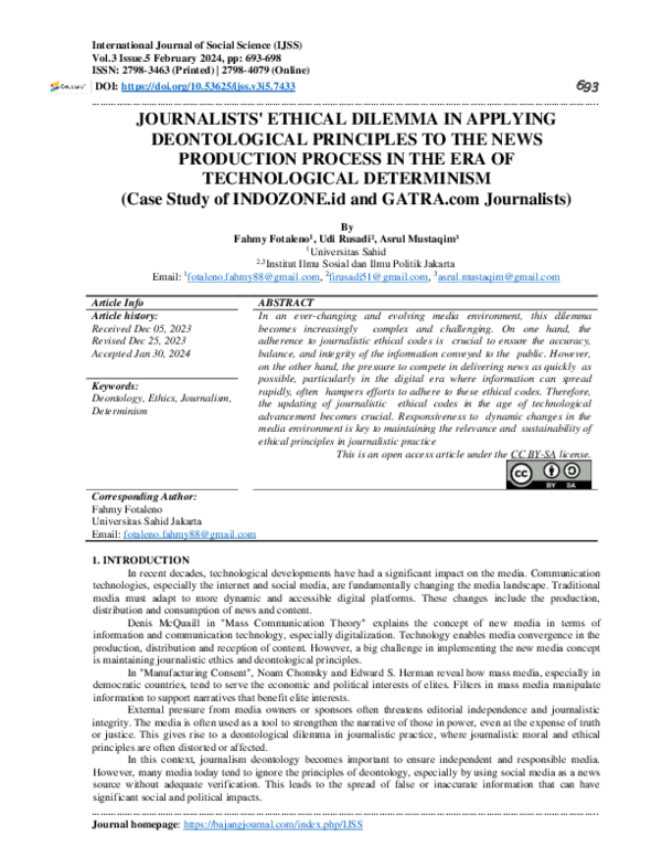 (PDF) JOURNALISTS' ETHICAL DILEMMA IN APPLYING DEONTOLOGICAL PRINCIPLES ...