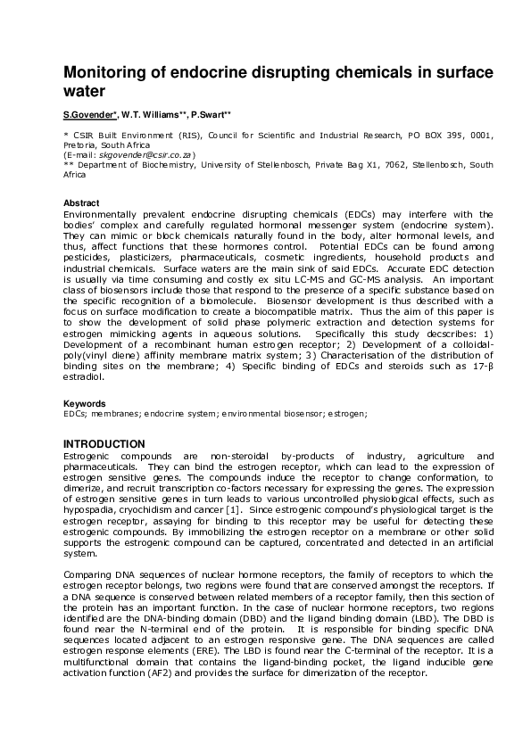 Pdf Monitoring Of Endocrine Disrupting Chemicals In Surface Water