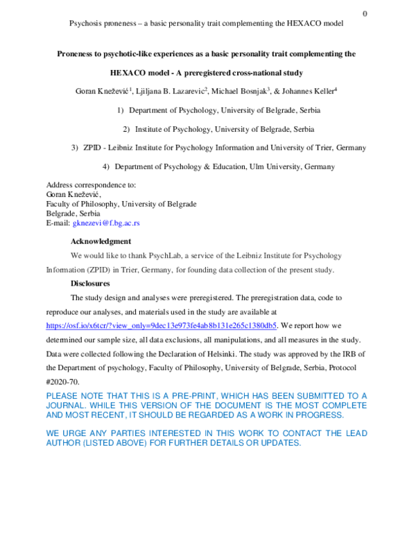 (PDF) Proneness to psychotic‐like experiences as a basic personality ...