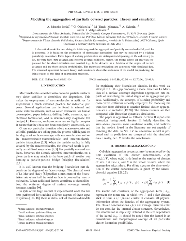 (PDF) Modeling the aggregation of partially covered particles: Theory and simulation