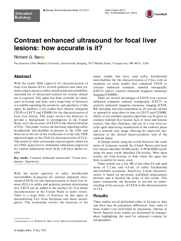 (PDF) Contrast enhanced ultrasound for focal liver lesions: how accurate is it?