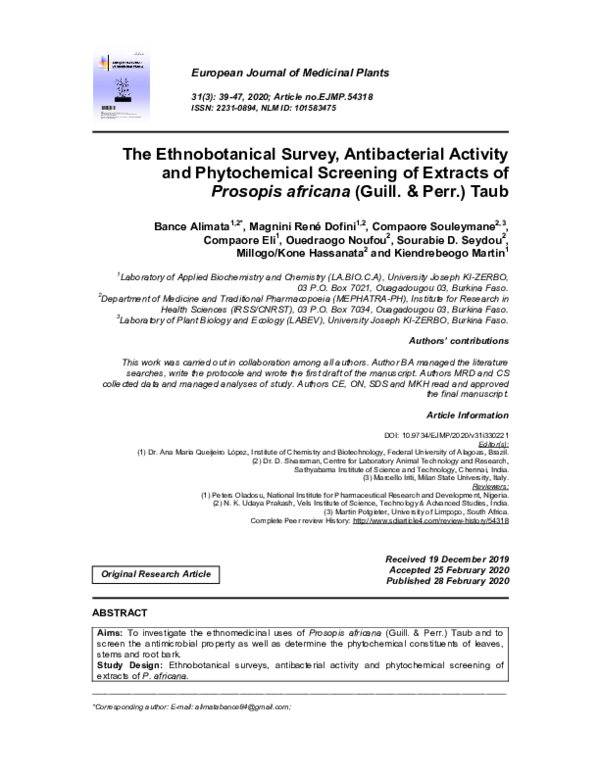 (PDF) The Ethnobotanical Survey, Antibacterial Activity and Phytochemical Screening of Extracts ...