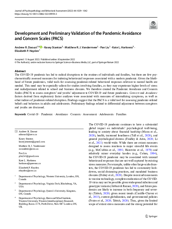 (PDF) Development and Preliminary Validation of the Pandemic Avoidance and Concern Scales (PACS)