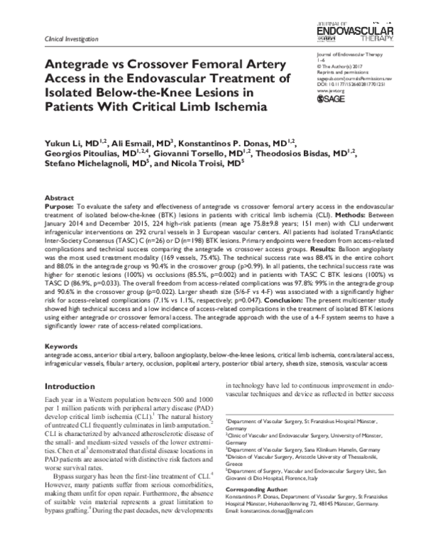 (PDF) Antegrade vs Crossover Femoral Artery Access in the Endovascular Treatment of Isolated ...