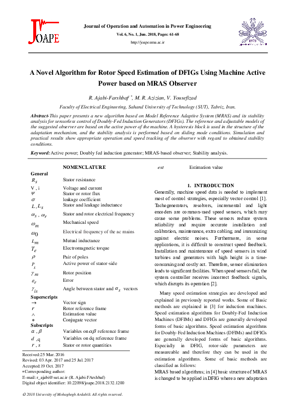 (PDF) A Novel Algorithm for Rotor Speed Estimation of DFIGs Using ...