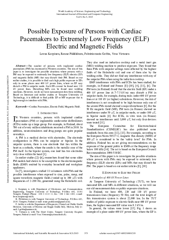 (PDF) Possible Exposure of Persons with Cardiac Pacemakers to Extremely Low Frequency (ELF ...