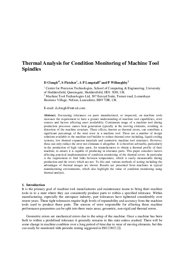 (PDF) Thermal Analysis for Condition Monitoring of Machine Tool Spindles