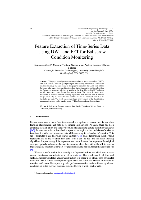 (PDF) Feature Extraction of Time-Series Data Using DWT and FFT for Ballscrew Condition ...