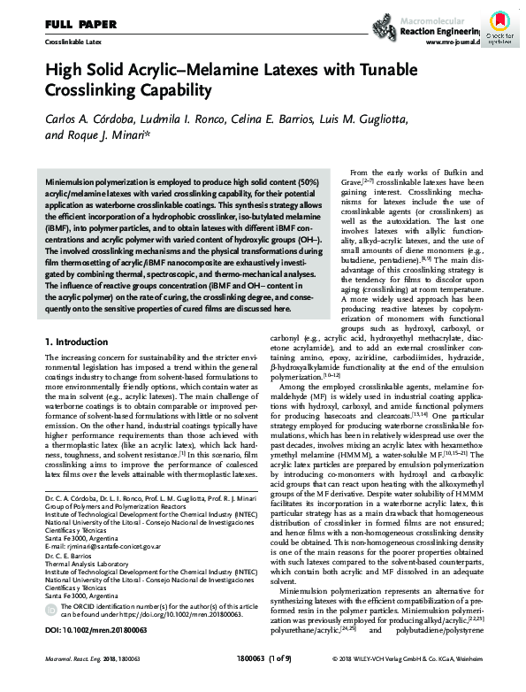 (PDF) High Solid Acrylic–Melamine Latexes with Tunable Crosslinking ...