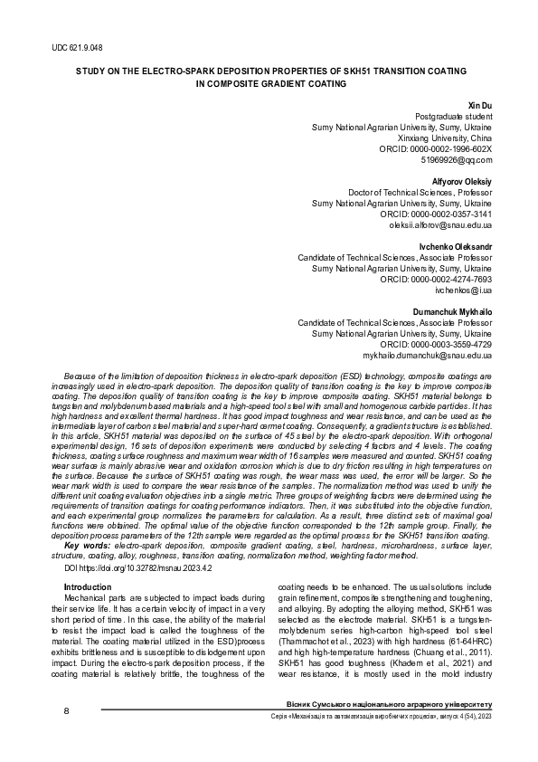 (PDF) Study on the Electro-Spark Deposition Properties of SKH51 ...