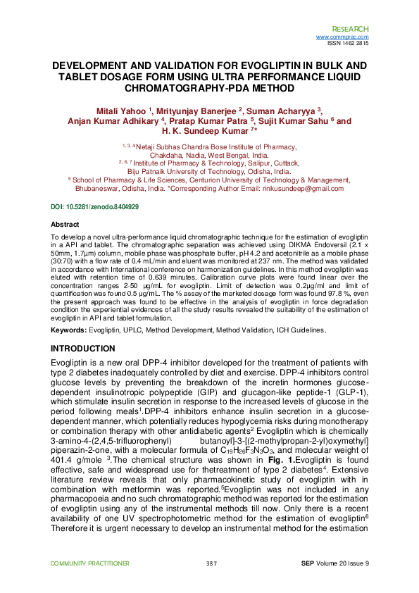 (PDF) Development and Validation for Evogliptin in Bulk and Tablet Dosage Form Using Ultra ...
