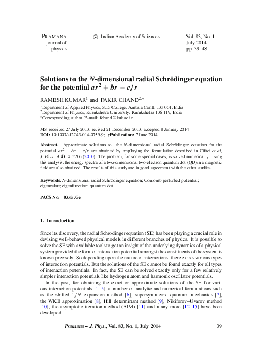 (PDF) Solutions to the N-dimensional radial Schrödinger equation for ...