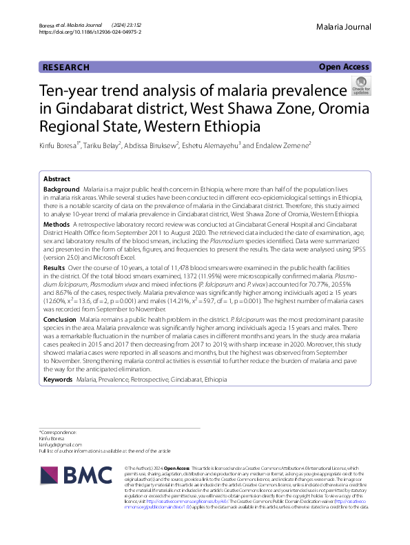 (PDF) Ten-year trend analysis of malaria prevalence in Gindabarat district, West Shawa Zone ...