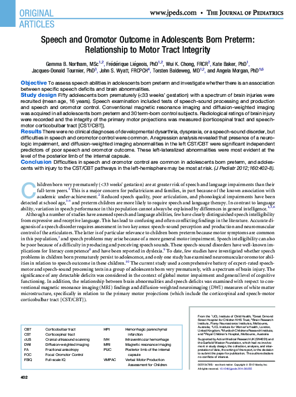 (PDF) Speech and oromotor outcome in adolescents born preterm ...