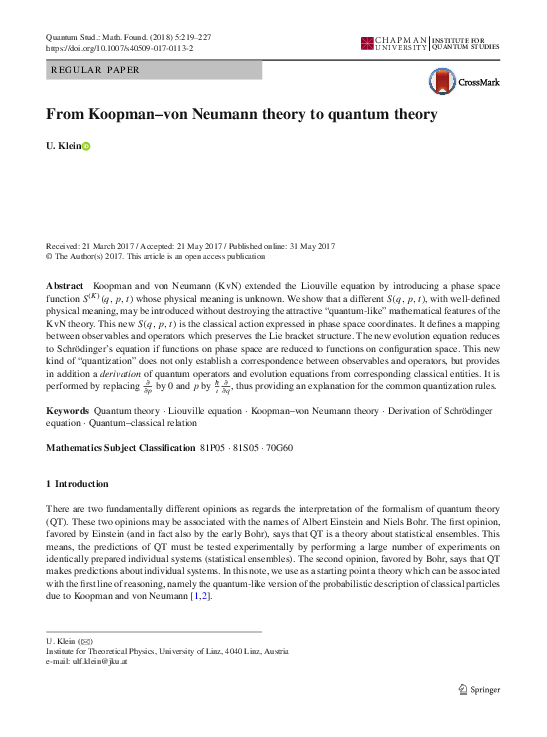 (PDF) From Koopman–von Neumann theory to quantum theory