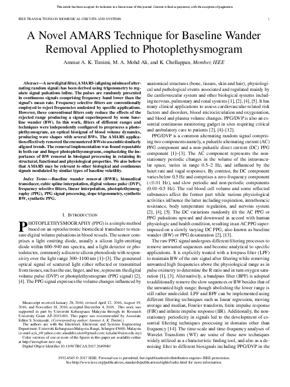 (PDF) A Novel AMARS Technique for Baseline Wander Removal Applied to Photoplethysmogram