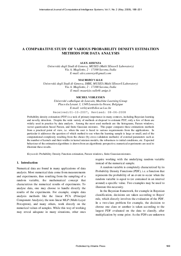(PDF) A Comparative Study of Various Probability Density Estimation Methods for Data Analysis