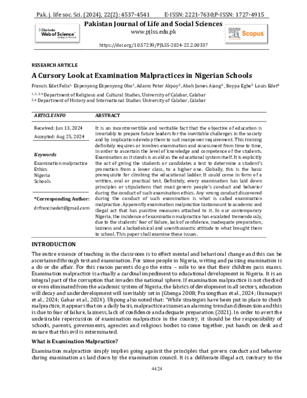 (PDF) A Cursory Look at Examination Malpractices in Nigerian Schools