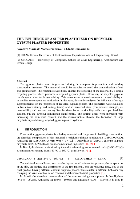 (PDF) The Influence of a Super Plasticizer on Recycled Gypsum Plaster ...
