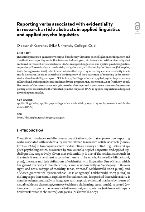 (PDF) Reporting verbs associated with evidentiality in research article abstracts in applied ...