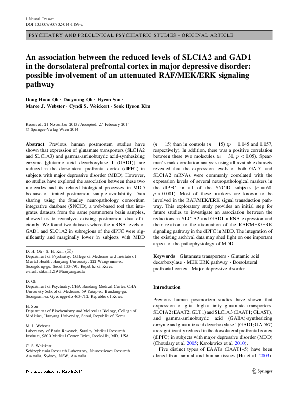 (PDF) An association between the reduced levels of SLC1A2 and GAD1 in ...