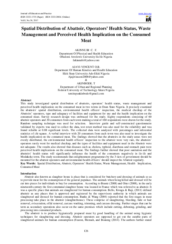 (PDF) Spatial Distribution of Abattoir, Operators’ Health Status, Waste ...